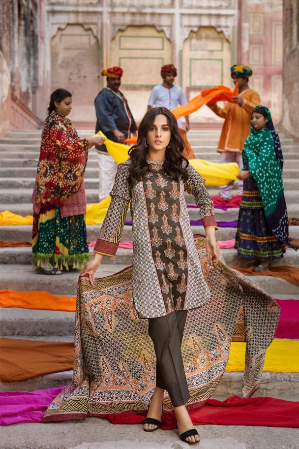 Brown 3 piece unstitched pret dress by Pareesa Printed dresses ...