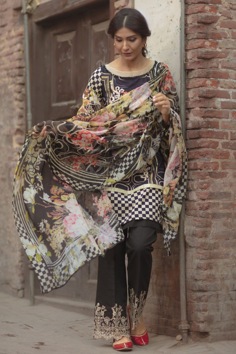 Beautiful black embroidered unstitched Pakistani pret wear by Fridous ...