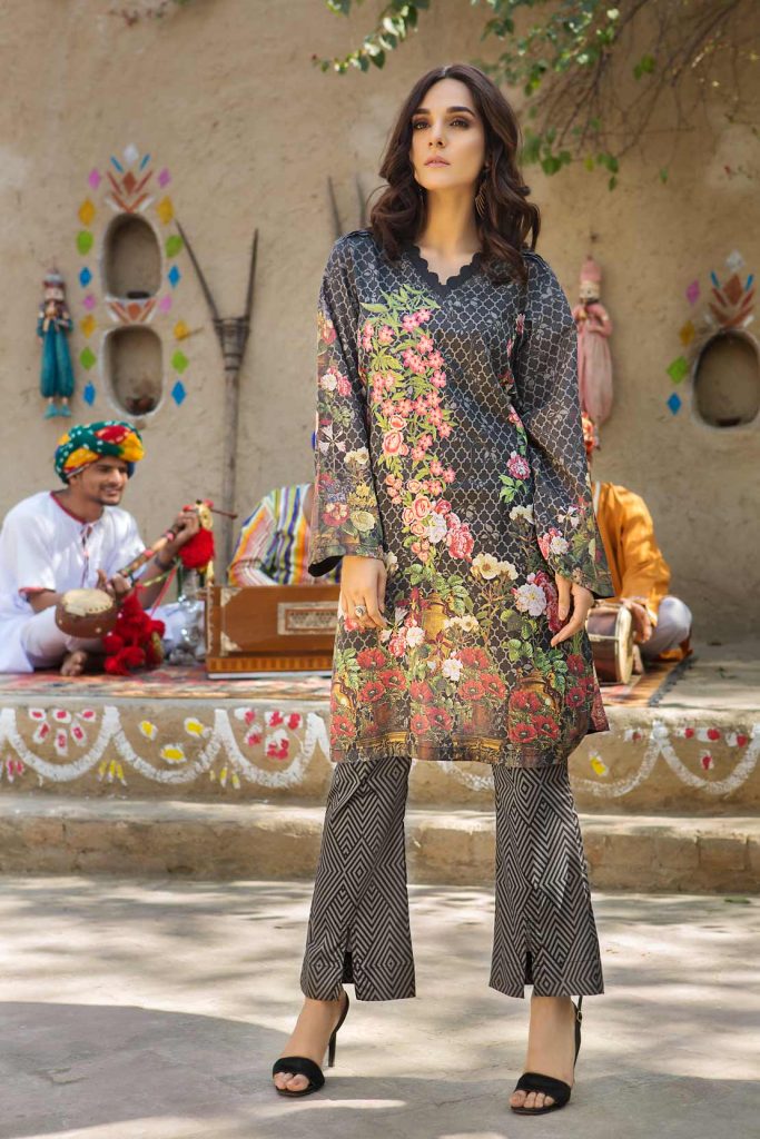 Beautiful black printed unstitched Pakistani pret wear kurti by Pareesa ...