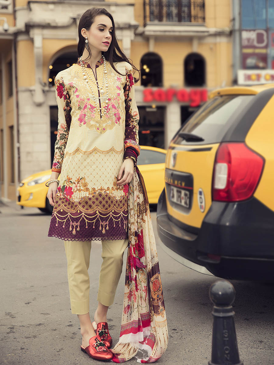 Elegant cream 3 piece unstitched pret dress by Rajbari summer spring ...