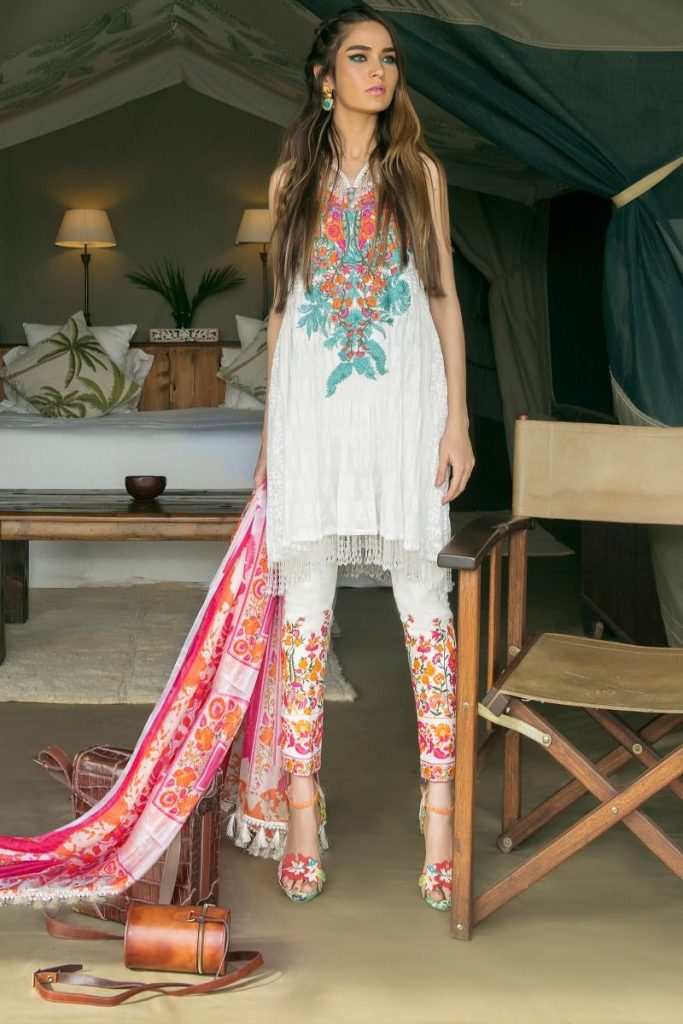 Beautiful white embroidered unstitched Pakistani pret wear by Sana ...