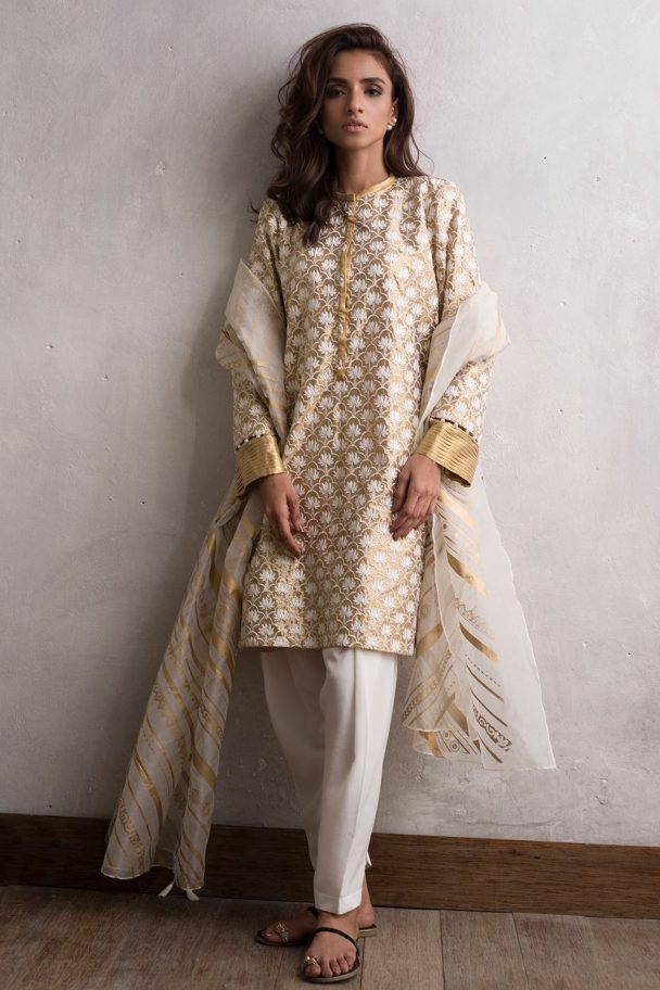 3 piece Pakistani Golden color tissue dress by Nida Azwer Luxury ...