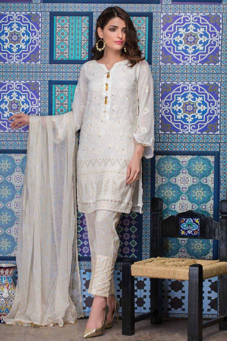 Beautiful white embroidered stitched Pakistani pret wear by Bonanza Eid ...