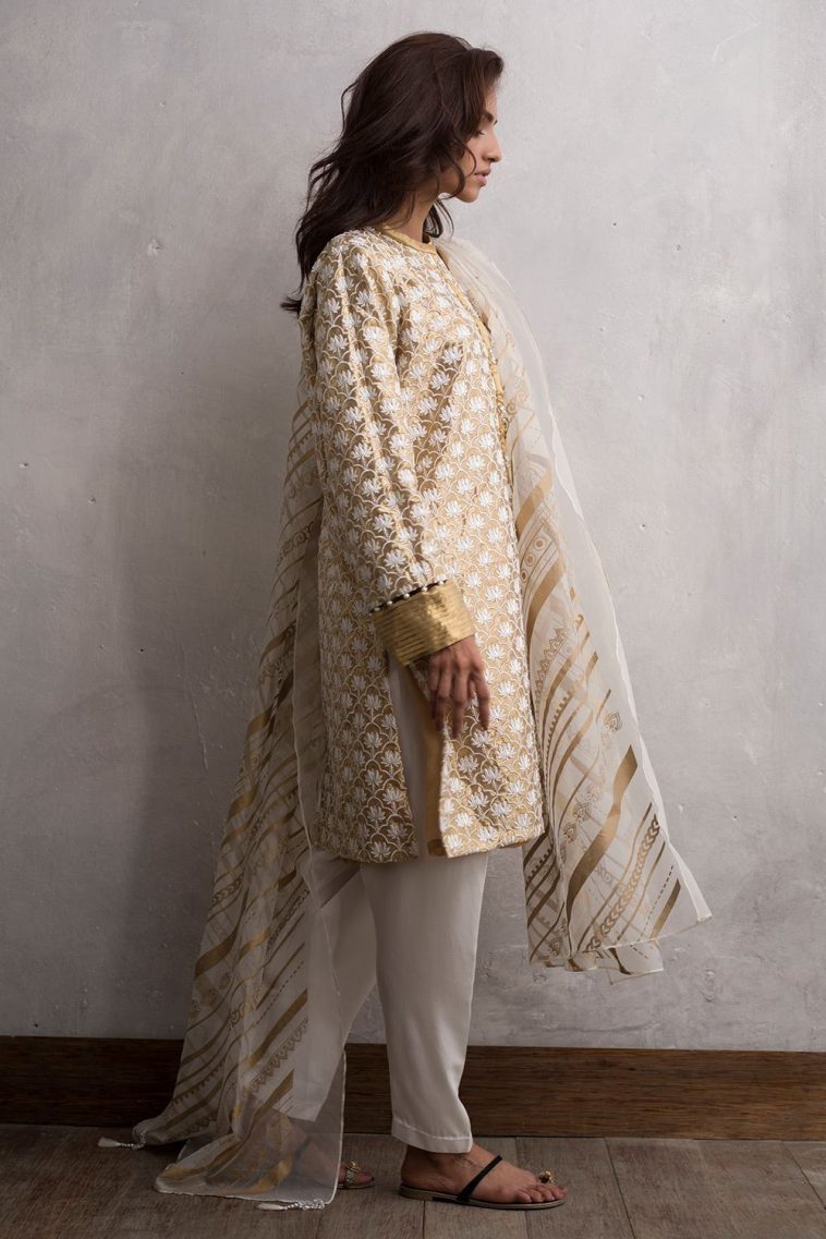 3 piece Pakistani Golden color tissue dress by Nida Azwer Luxury ...