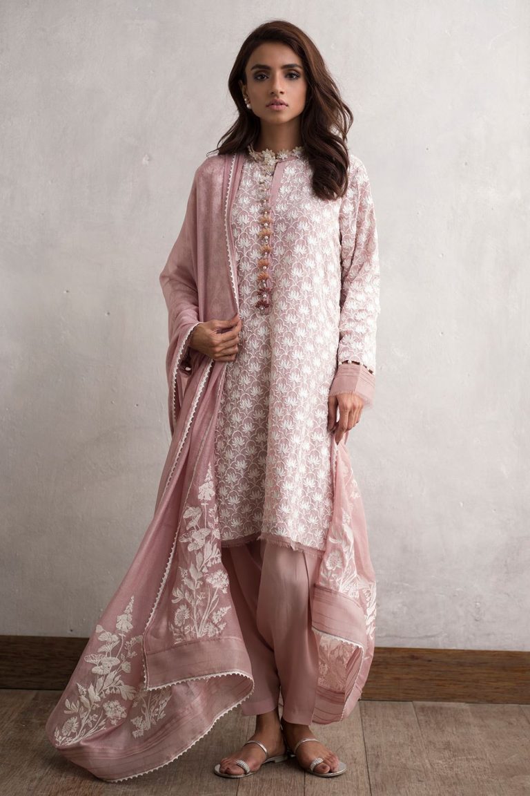 Embroidered crepe Pakistani 3 piece dress in pink by Nida Azwer ...