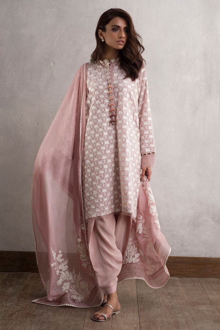 Embroidered crepe Pakistani 3 piece dress in pink by Nida Azwer ...