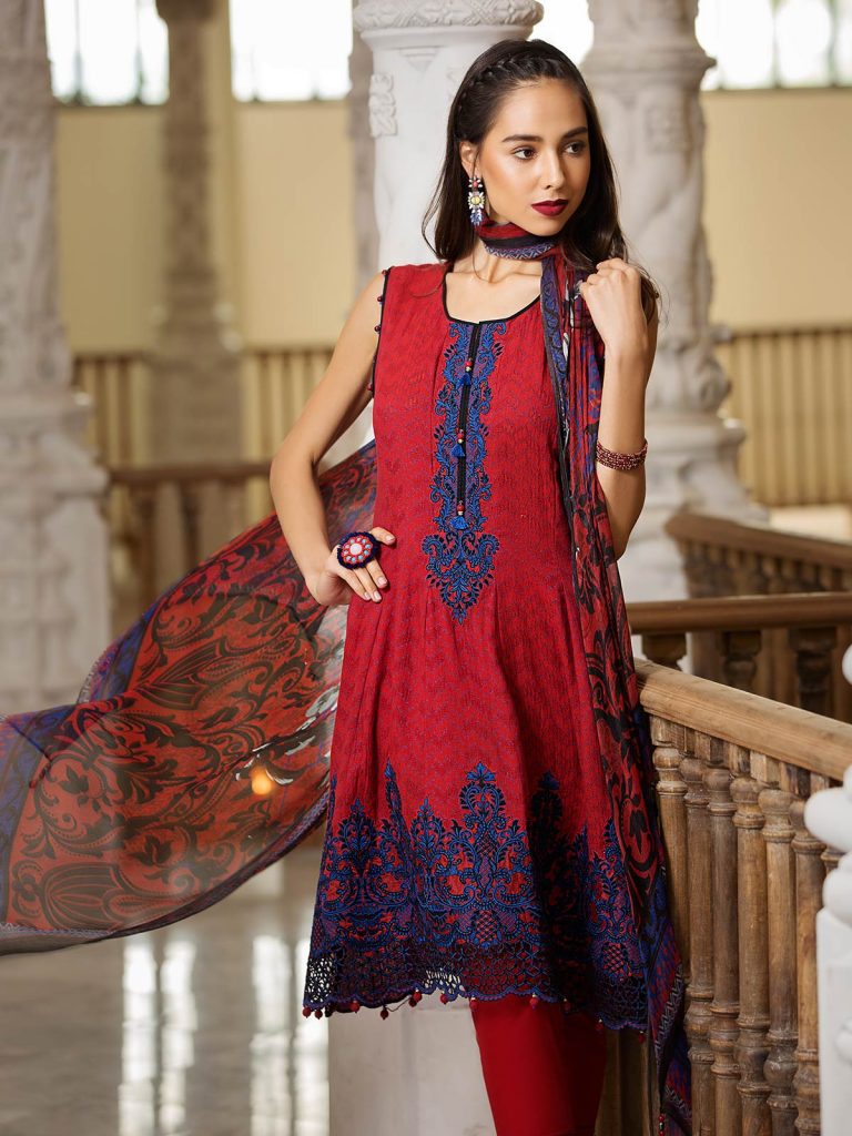 Hot red embroidered lawn dress by Eden robe Pakistani dresses in Uk ...
