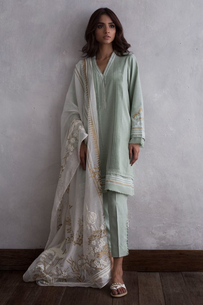 Mint green Pakistani 3 piece pleated dress by Nida Azwer event wear ...