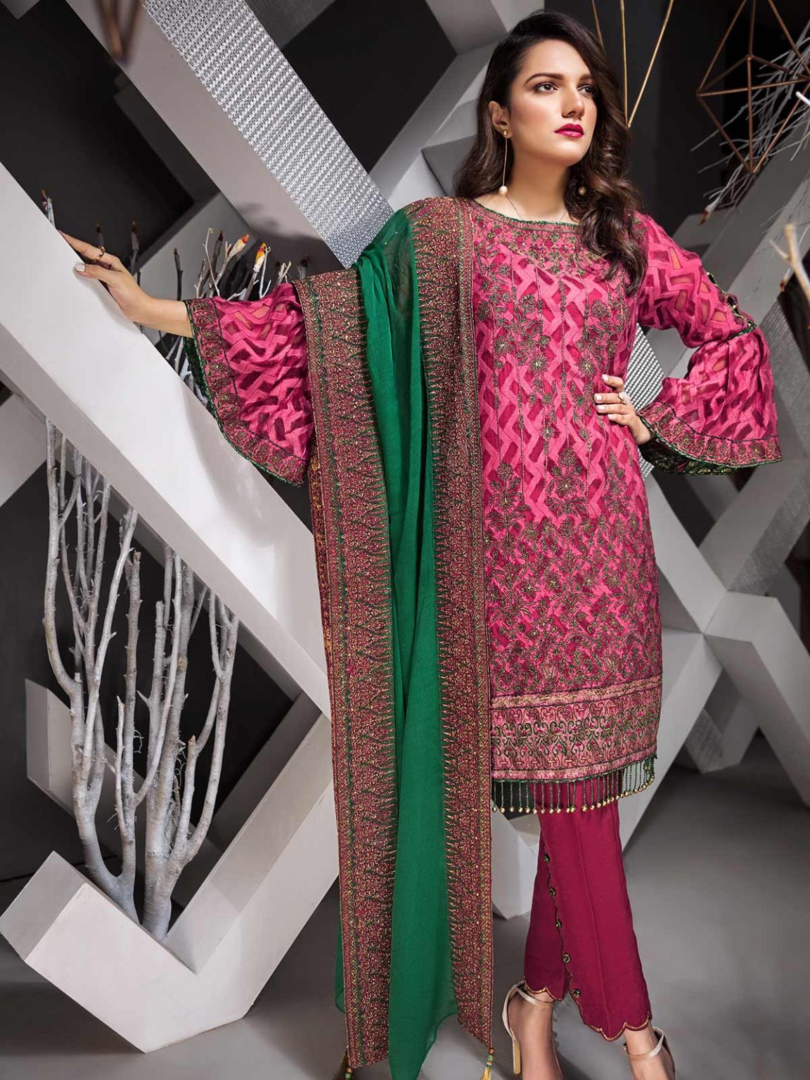 Heavy embroidered 3 piece dress in pink with pink dupatta by Eden Robe ...