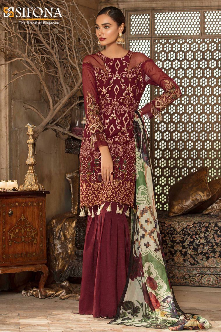 Embroidered maroon Pakistani net suit by Sifona online – Online ...